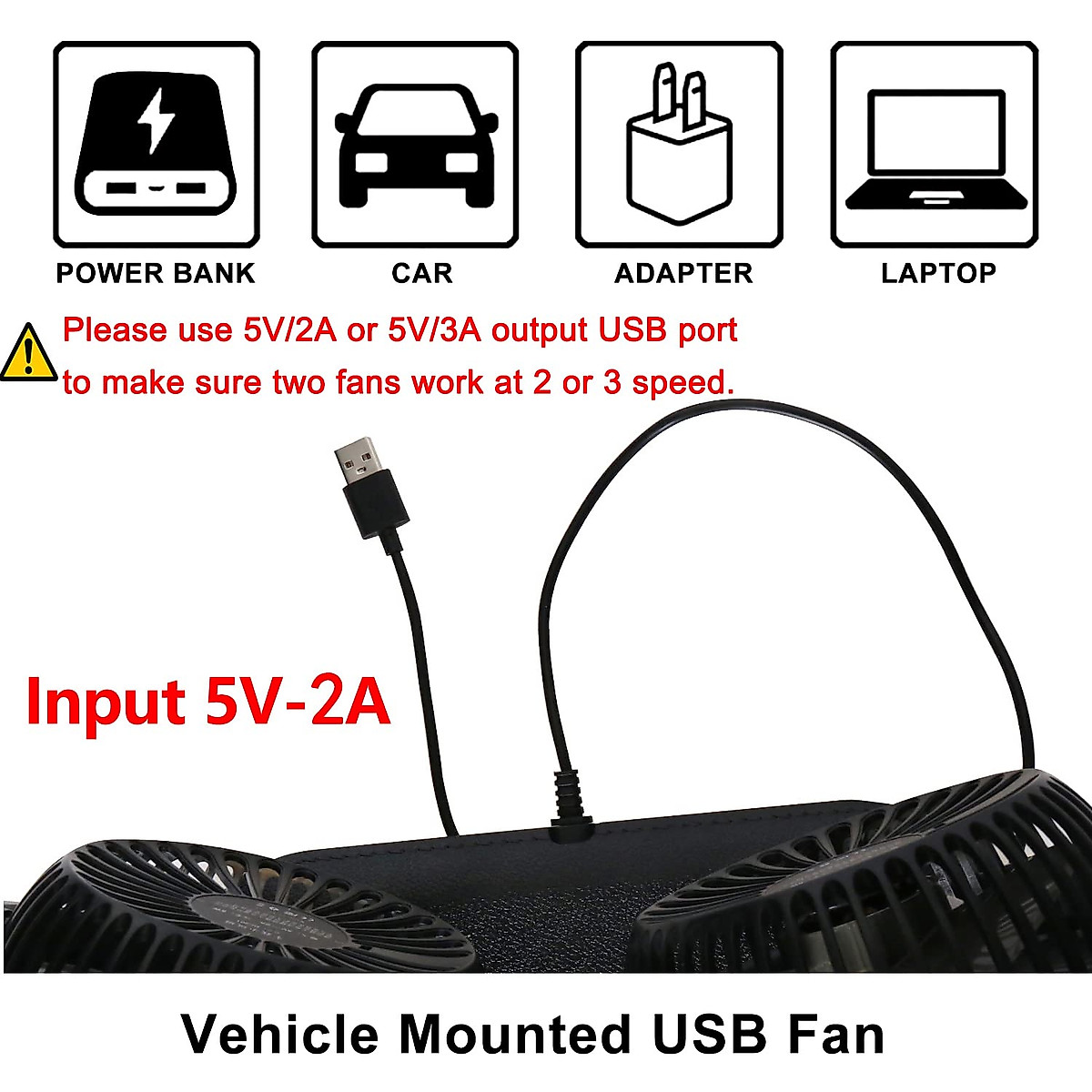 TriPole Car Fan Portable Dual Head Electric Vehicle Mounted USB 300 Degree Rotation Auto Cooling Fan 3 Speed Strong Wind Desk Fan for Dashboard SUV RV Truck Sedan Home Office