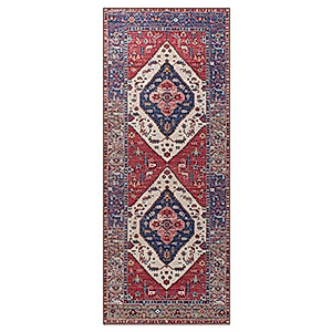 GLN Rugs Vintage Collection - Machine Washable Area Rug, Vintage Washable Rug, Non Slip Area Rug, Low Pile Living Room Rug, Bedroom Rug, Bathroom Rug - Easy Clean (2'x3' Red Rug)