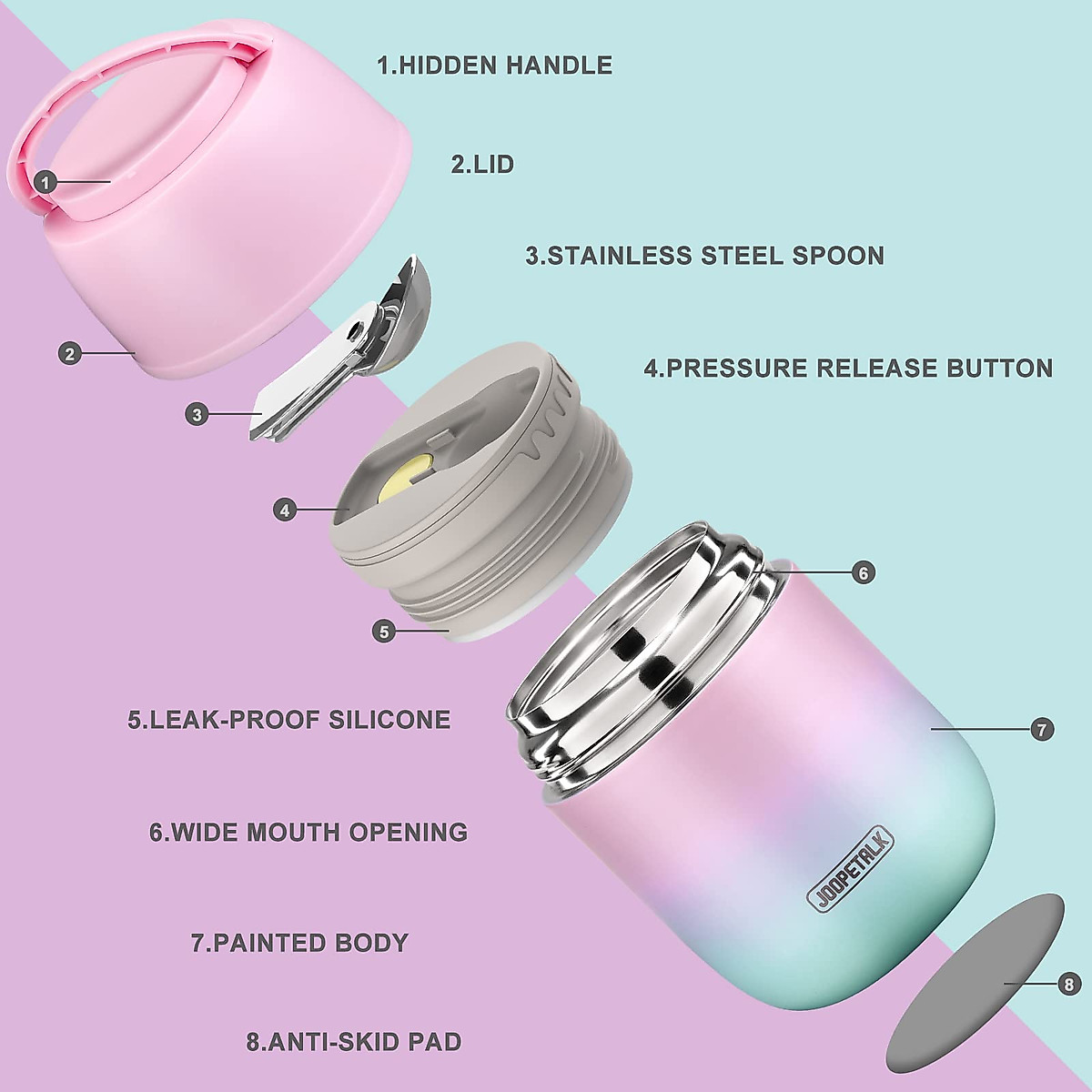 17 oz Insulated Lunch Containers Hot Food Jar, Wide Mouth Lunch Thermo for Kids Adults, Vacuum Stainless Steel Lunch Box With Handle Folding Spoon for School, Office (Blue-Pink)