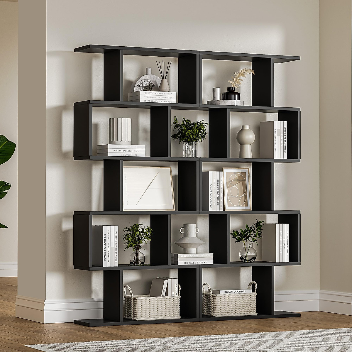 DIYART Black 5-Tier Geometric Bookcase, S-Shaped Modern Bookshelf Set of 2, 62.6" Tall Room Divider Book Shelf, Decorative Display Shelf