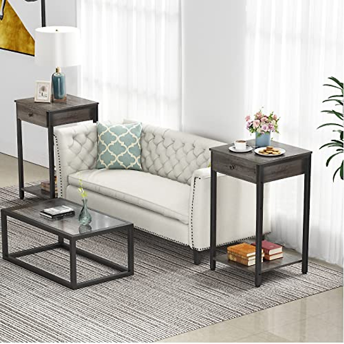 Ecoprsio Nightstand Set of 2 Modern End Table Side Table with Drawer and Storage Shelf Wood Night Stand Grey Bedside Table for Bedroom, Living Room, Sofa Couch, Hall, Easy Assembly, Grey