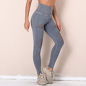 Bblulu Women's Hight Waisted Stretch Ripped Skinny Yoga Pants Solid Distressed Pants Non See Through Workout Running Tights
