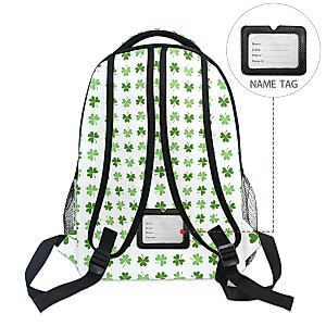 Backpack Patrick's Day Clover Leaves Shamrock Luck Green White Daypack Shoulder Bag with Name Label Tag for Travel Hiking Casual Camping Sports Gym