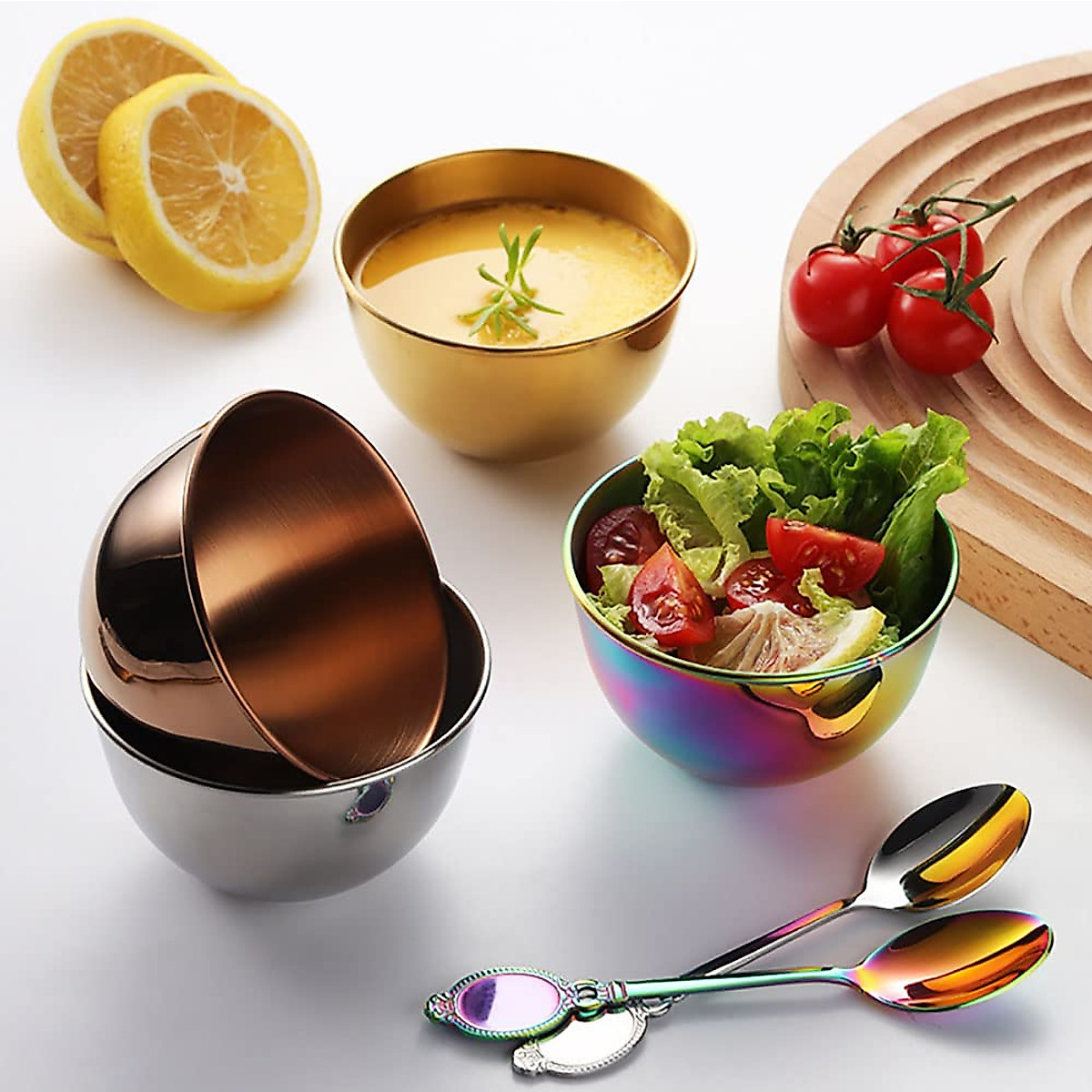 Stainless Steel Sauce Dishes Small Ice Cream Cups Mini Serving Dessert Bowl Round Seasoning Dishes Sushi Dipping for Kitchen 8 Pack (Rainbow, 3.35 inch)