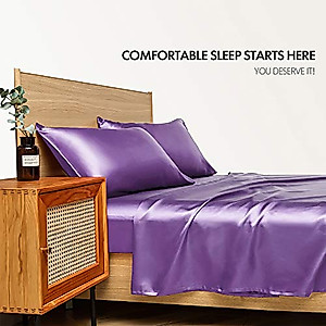Smooth Luxurious Silk Like Satin Lilac King 4 Piece Sheet Set ( Flat Sheet + Fitted 15" + 2 Pillowcases ) Easy Fit - Breathable & Cooling Sheets - Wrinkle Free