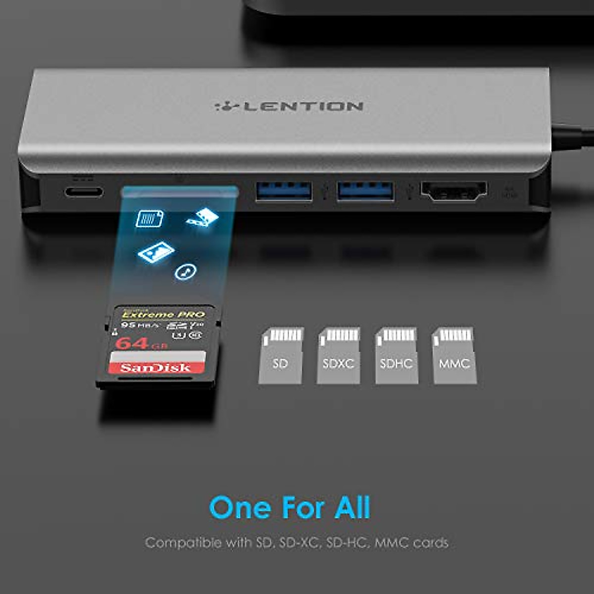 LENTION USB C Hub with 4K HDMI, SD Card Reader, 2 USB 3.0, Type C Charging & Ethernet Compatible 2023-2016 MacBook Pro, New Mac Air/Surface/Steam Deck, More, Stable Driver Adapter (CB-C68, Space Gray)