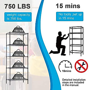 Wire Shelving Unit Metal Shelf Organizer Heavy Duty Wire Rack Storage Unit Rack Utility for Bathroom Office Kitchen (Black, 14" D x 24" W x 60" H)