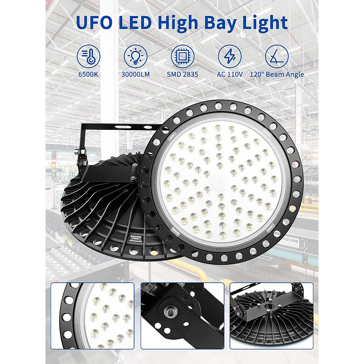 6 Pack300W UFO LED High Bay Light, 30000 LM Factory Warehouse Industrial Lighting, 6000-6500K Shop Warehouse LED Lights, IP54 Waterproof, Commercial LED Bay Lighting for Garage Factory Workshop Gym