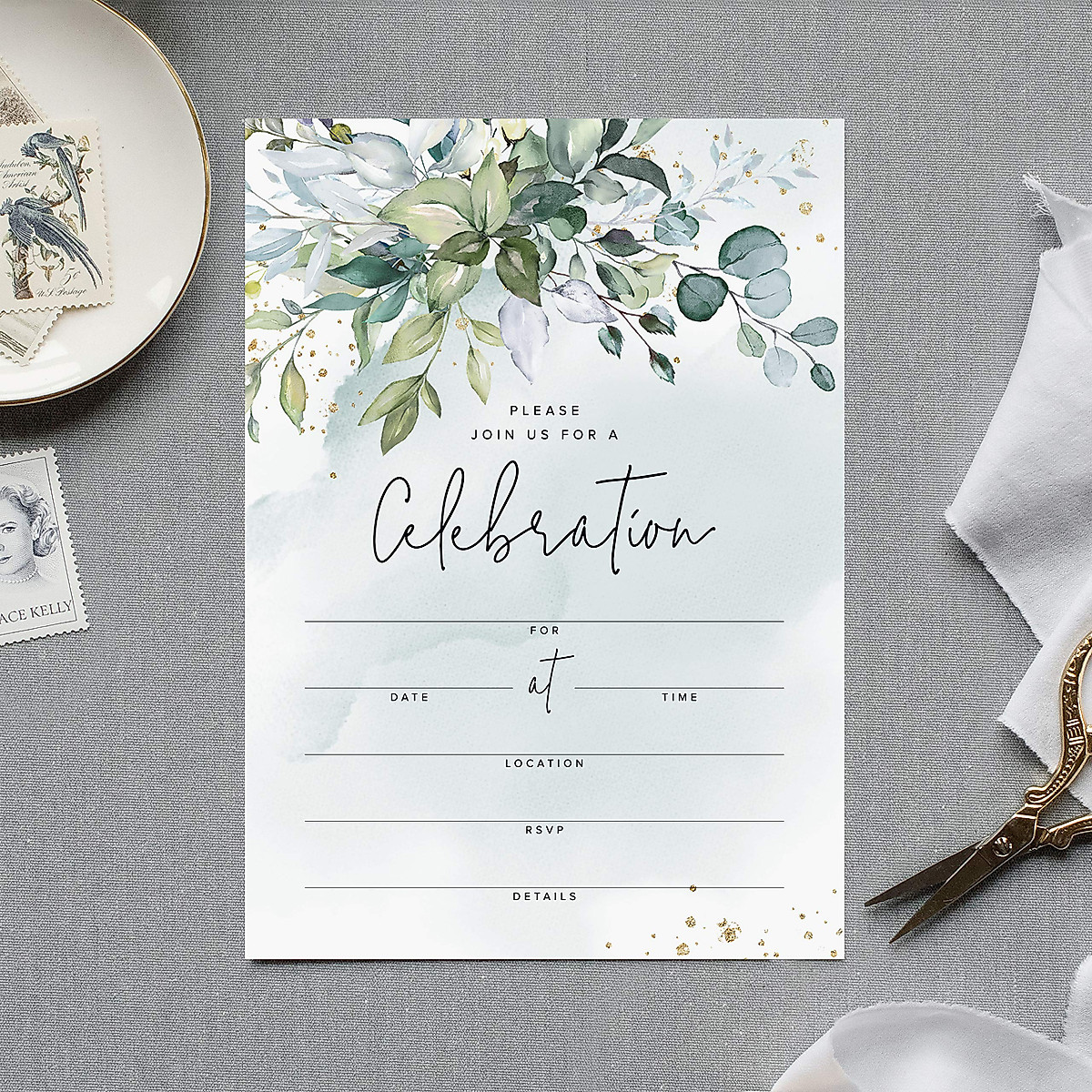 Bliss Collections 25 Einladungen mit Umschlägen für alle Anlässe, Greenery Aquarell-Einladungen perfekt für: Hochzeiten, Brautpartys, Geburtstagspartys oder besondere Anlässe, leeres Design