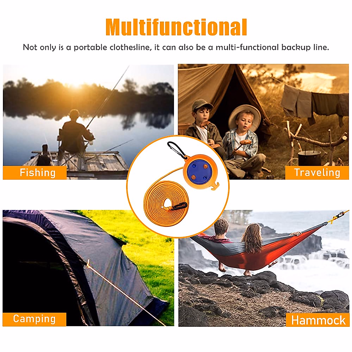 Portable Travel Clothesline, 26-Foot Retractable Clothesline with 10 Stoppers and 20 clothespins, Adjustable Indoor/Outdoor Laundry Line for Hotel, Cruise, Backyard