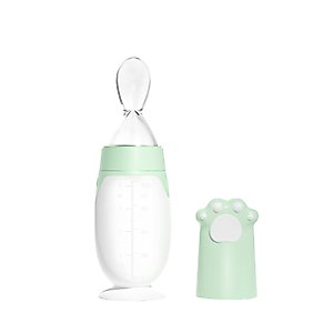 SANFE ELEPHANT Baby Spoons, Silicone Baby Food Dispensing Spoon, Squeeze Feeding Spoon with Cartoon Dust Cover, 4 oz. (Green)