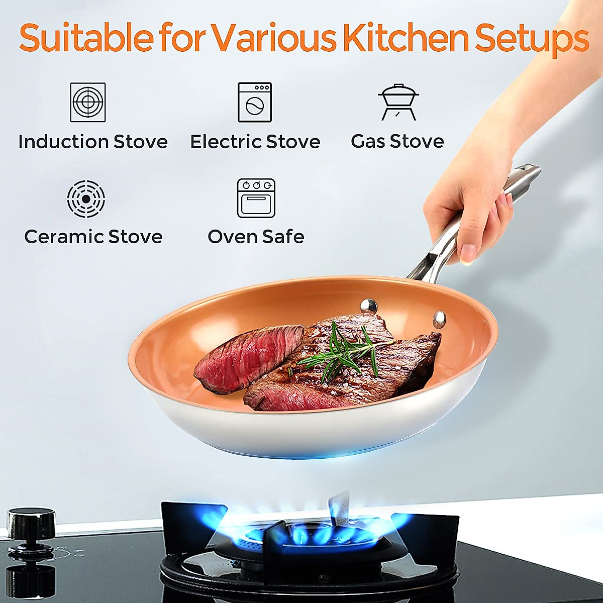 TUMIDY 8 Inch Frying Pan Nonstick Skillet with Ceramic Coating Oven Safe Stainless Steel Induction Fry Pan Include Silicone Spatula