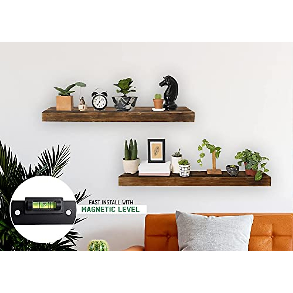 Thielsen - Rustic Floating Shelves, Bathroom Shelves, Home Decor Rustic Wood Shelves with Metal Bracket and Mounting Level, Wall Mounted Wood Shelves, Set of 2