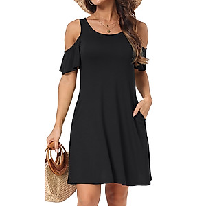 HAOMEILI Women's Cold Shoulder with Pockets Casual Swing T-Shirt Dresses (X-Large, Black)