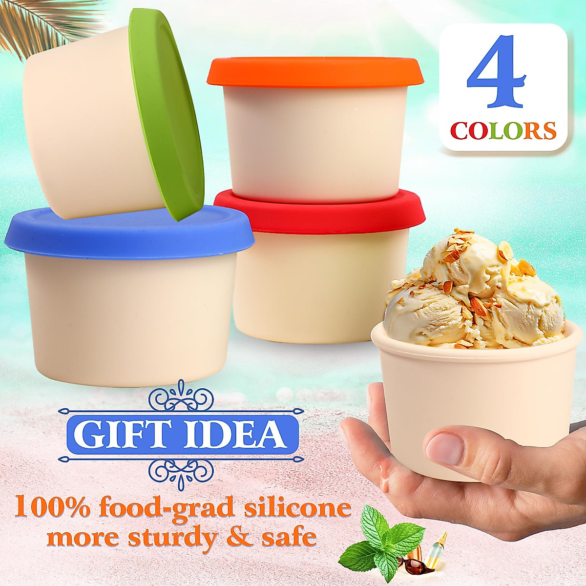 Webake Silicone Ice Cream Containers with Lids, 8oz Homemade Ice Cream Cups Reusable Freezer Storage Containers, Set of 4