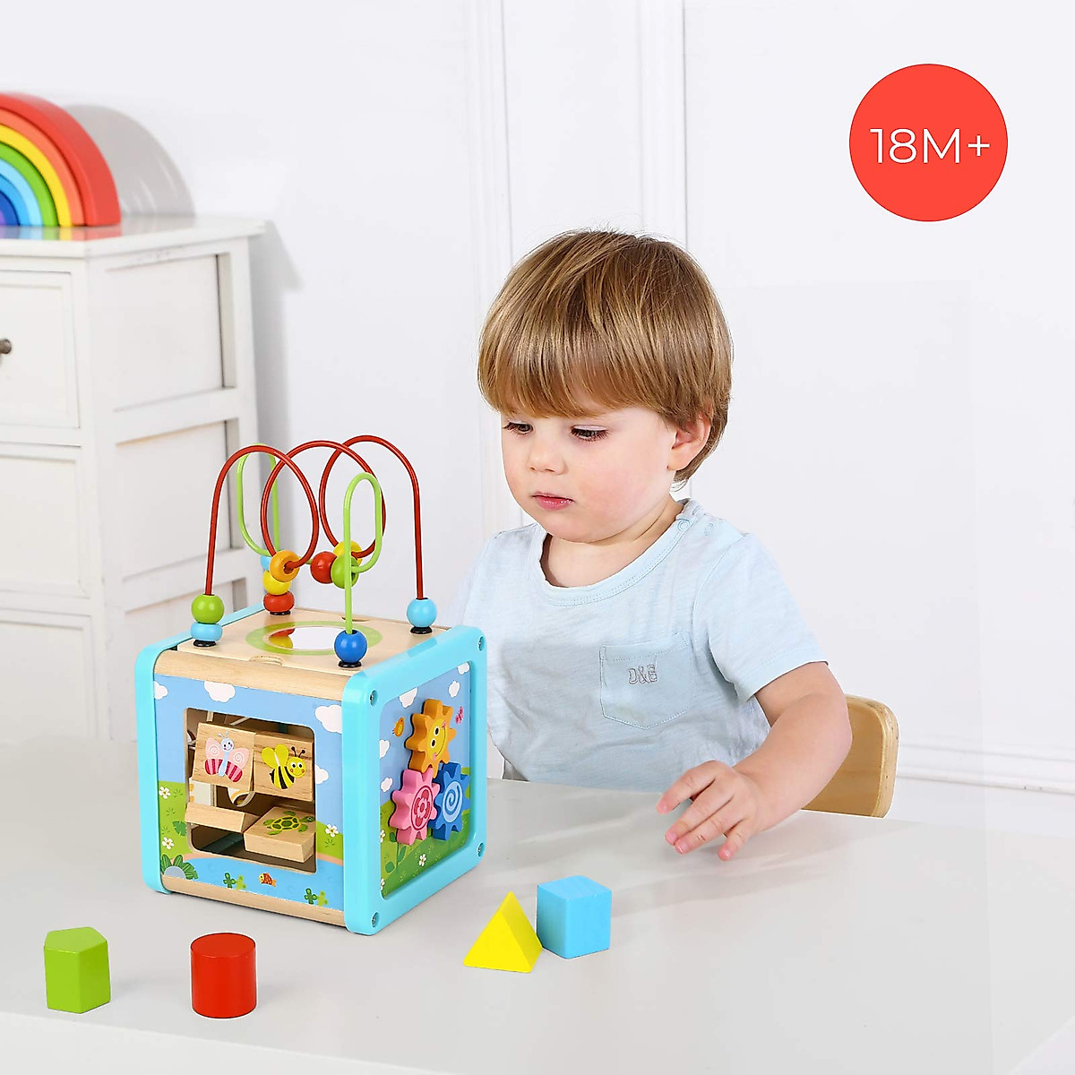 TOOKYLAND Activity Cube Wooden Toys Bead Maze Shape Sorter Learning Developmental Montessori Toys Small Size Gifts for Toddler Kids