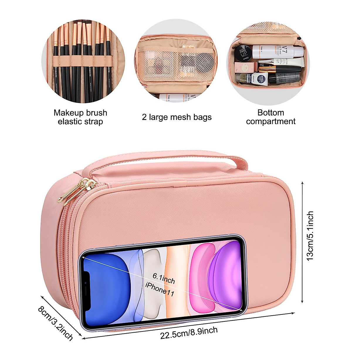 Relavel Makeup Bag, Small Travel Cosmetic Bag for Women, Portable 2 Layer Makeup Brushes Holder Bag, Toiletry Bag, Compact Cosmetic Case Organizer for Christmas, Pink