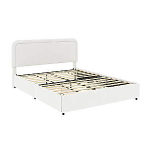 Queen Size Boucle Upholstered Platform Bed Frame, with 2 Drawers Storage, Curved Stitched Tufted Headboard, Wooden Slat Mattress Support, Noise Free, Easy Assembly, No Box Spring Needed, Ivory