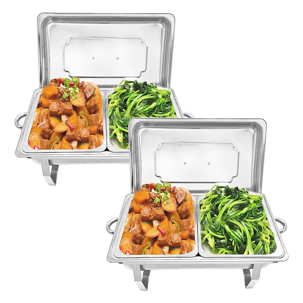 EVGTTI Chafing Dish Buffet Set, 2 Pack 8 Qt, Stainless Chafer w/ 4 Half Size Pans, Rectangle Catering Warmer Server w/Lid Water Pan Folding Stand Fuel Tray Holder Clip, at Least 8 People Each