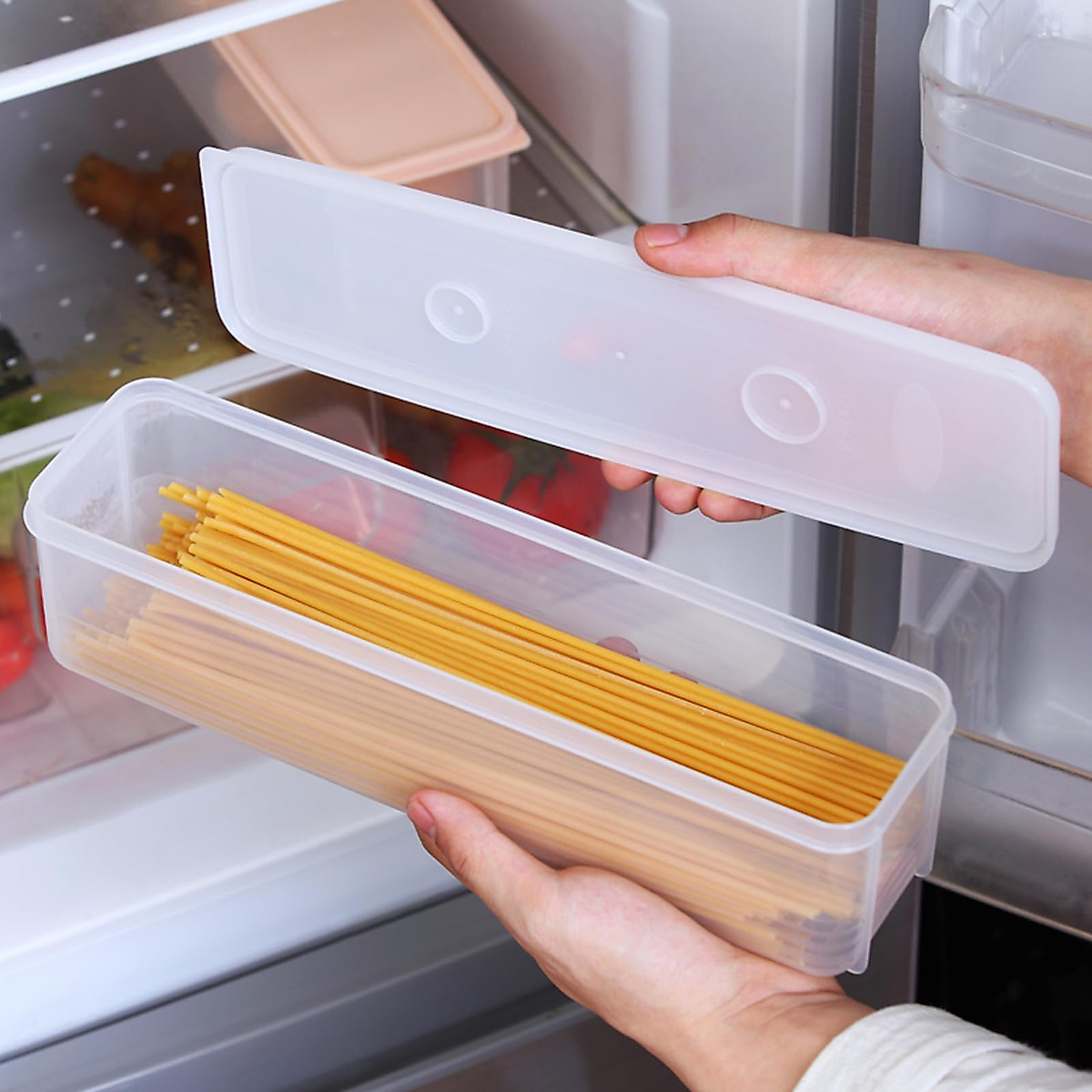 FEOOWV Set of 6 Pasta Storage Containers with Lid, Airtight Spaghetti Noodle Holder Rectangular Chopstick Storage Box Sealed Noodle Canisters for Refrigerator, Kitchen Pantry (White)