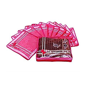 Fashion Bizz Pink Premium Single space saver bags Saree Cover Garment Cover Storage Cover Wardrob Organizer set of 12 Pcs Combo