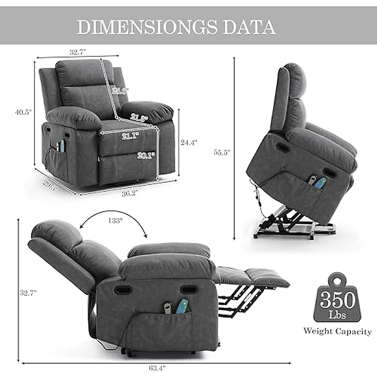 JEEOHEY Recliner Chair, Electric Power Lift Chair,Upholstered PU Leather Massage Chair Recliner Sofa with Heated,Adjustable Modern Reclining Chair for Elderly Adults(Grey)