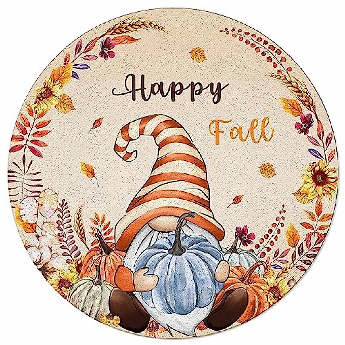Large Round Area Rug for Living Room Bedroom, 3ft Non-Slip Rugs for Kids Room, Happy Fall Thanksgiving Gnome Pumpkin Floral Wreath Washable Carpet Floor Mat for Home Nursery Room Decor