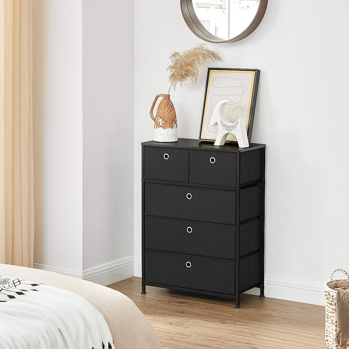 SONGMICS Storage Chest Dresser 5 Fabric Drawers Closet Apartment Dorm Nursery, 23.6 x 11.8 x 32.9 Inches, Black