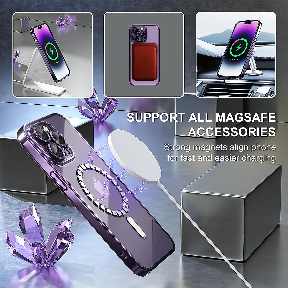 QVLANG Magnetic Clear Case for iPhone 14 Pro Max Case [Compatible with MagSafe] [Full Camera Lens Protection] [2 Replaceable Glitters] Luxury Shiny Cover for Women Girls (6.7") - Deep Purple