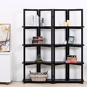 MyGift 4-Panel Open Bookcase Black Wood Room Divider with 4 Shelves