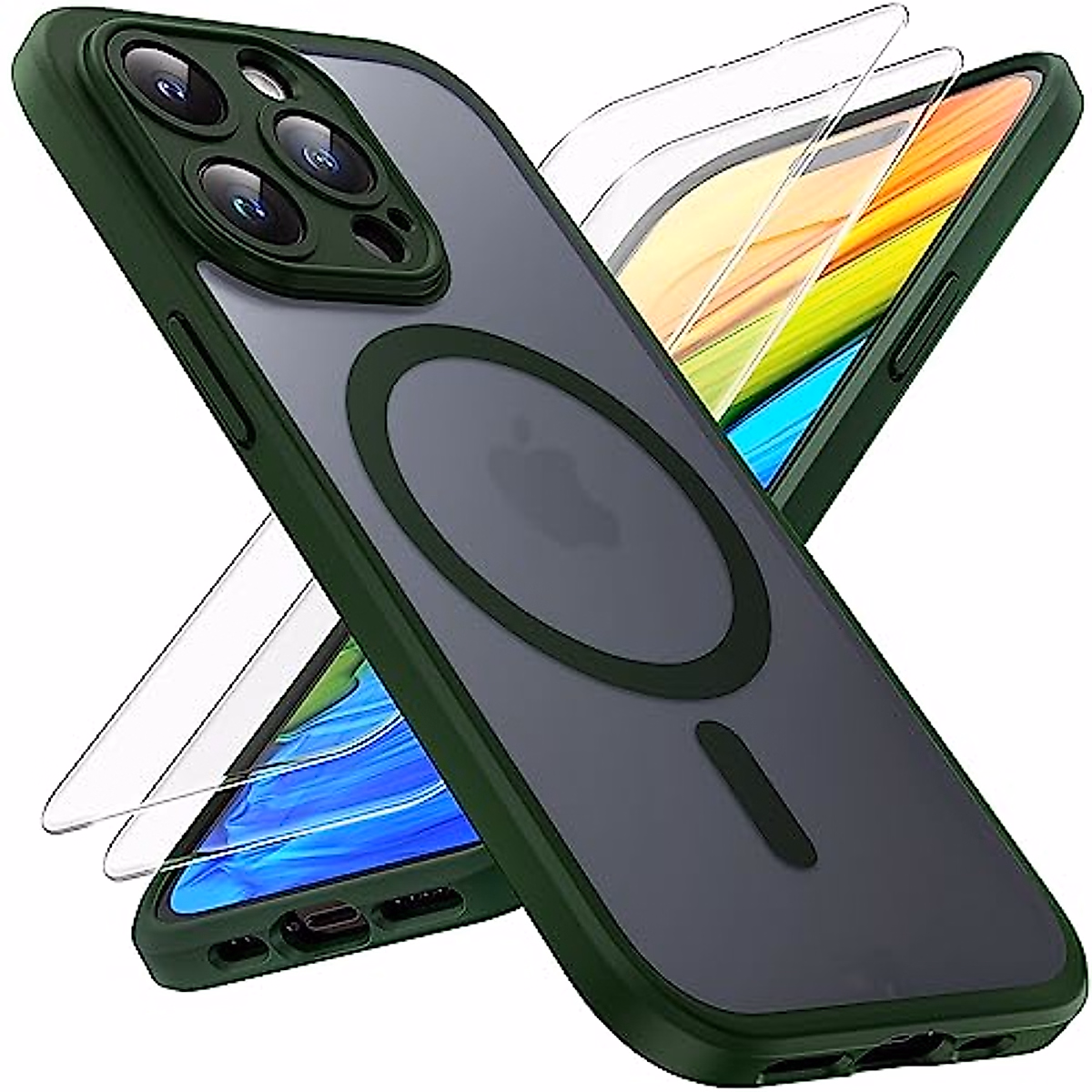 TOCOL 3 in 1 Magnetic for iPhone 14 Pro Case, Upgraded [Full Camera Protection] with 2 Screen Protector, Fit for MagSafe, [Military Grade Drop Tested] Translucent Matte Back Cover 6.1", Alpine Green