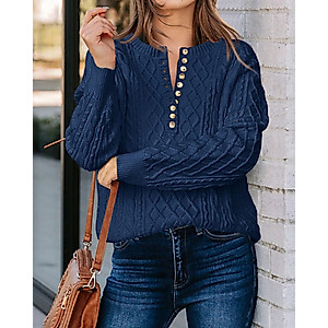 KIRUNDO Womens Sweaters 2024 Fall Winter Henley Long Sleeve Button Crew Neck Cable Knit Loose Cropped Sweater Pullover(Blue, Medium)