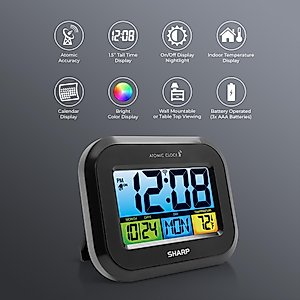 Sharp Atomic Digital Alarm Clock, Battery Operated Self-Setting Digital Wall or Desk Clock, Easy to Read Color Display Nightlight with Indoor Temperature and Calendar