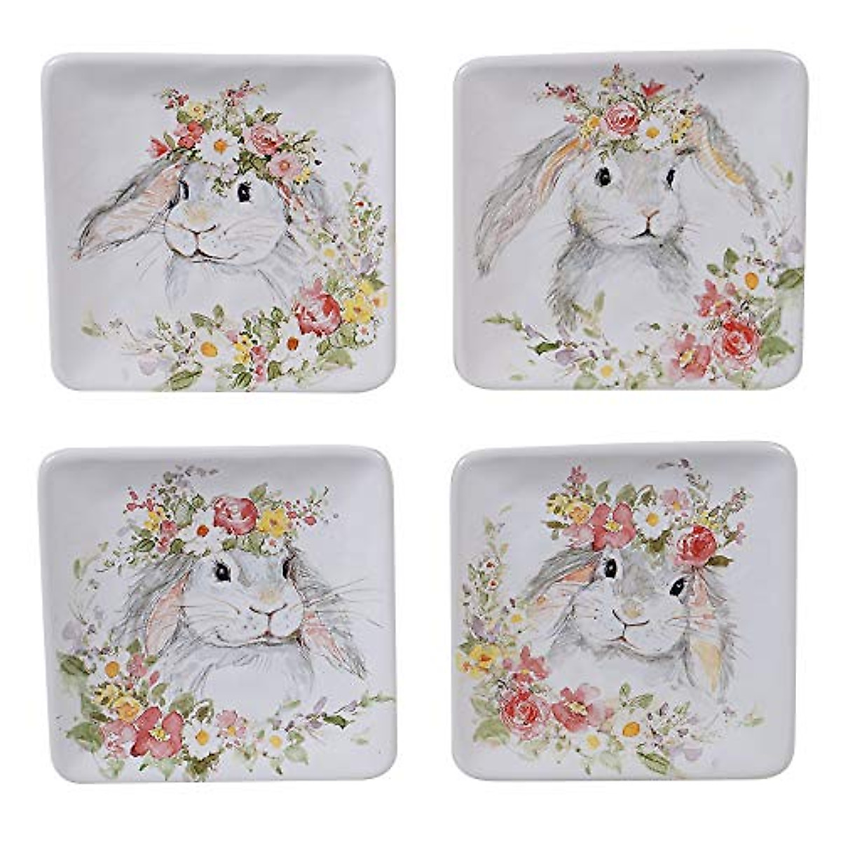 Certified International Sweet Bunny 6" Canape/Snack Plates, Assorted Designs, Set of 4, Multicolored