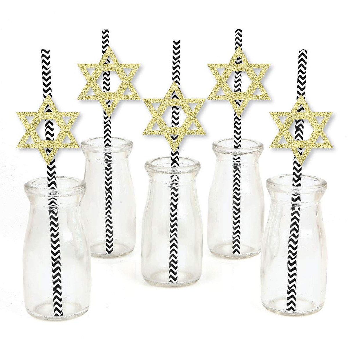 Gold Glitter Star of David Party Straws - No-Mess Real Gold Glitter Cut-Outs & Decorative Hanukkah Paper Straws - Set of 24