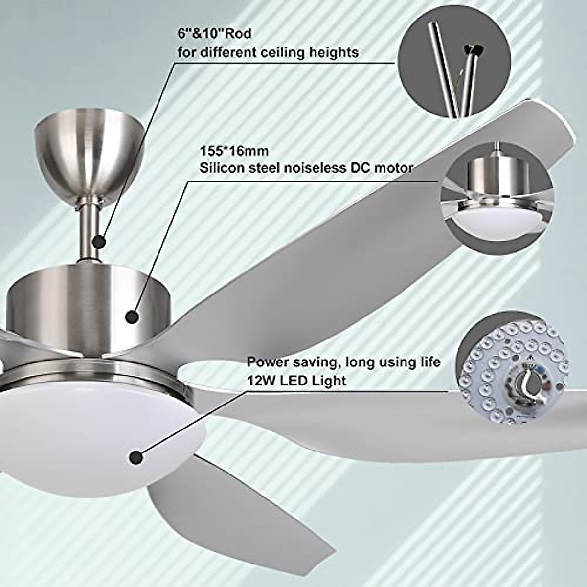 reiga 66" Modern Sleek Ceiling Fan with Dimming Light and APP Remote Control, 6 Matt Sliver Blades Reversible DC Motor for Kitchen, Bedroom, Patio