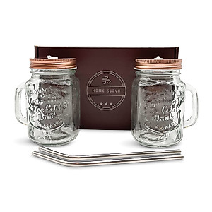 Home Suave - Gift Box with Set of 2 Mason Jar Mugs with Handle, Regular Mouth Colorful Lids with 2 Reusable Stainless Steel Straw, Set of 2 (Rose Gold), Kitchen GLASS 16 oz tumblers, Dishwasher Safe