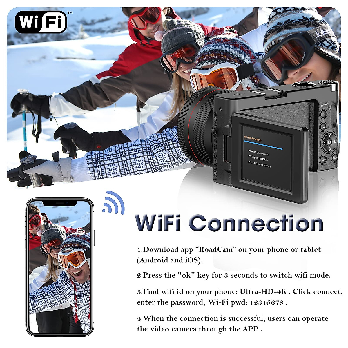 4K Digital Camera FHD 48MP Video Camera 16X Digital Zoom WiFi Vlogging Camera with Flash Light Compact Camera for Social Media 32GB SD Card 2 Batteries Wide Angle Lens Macro Lens