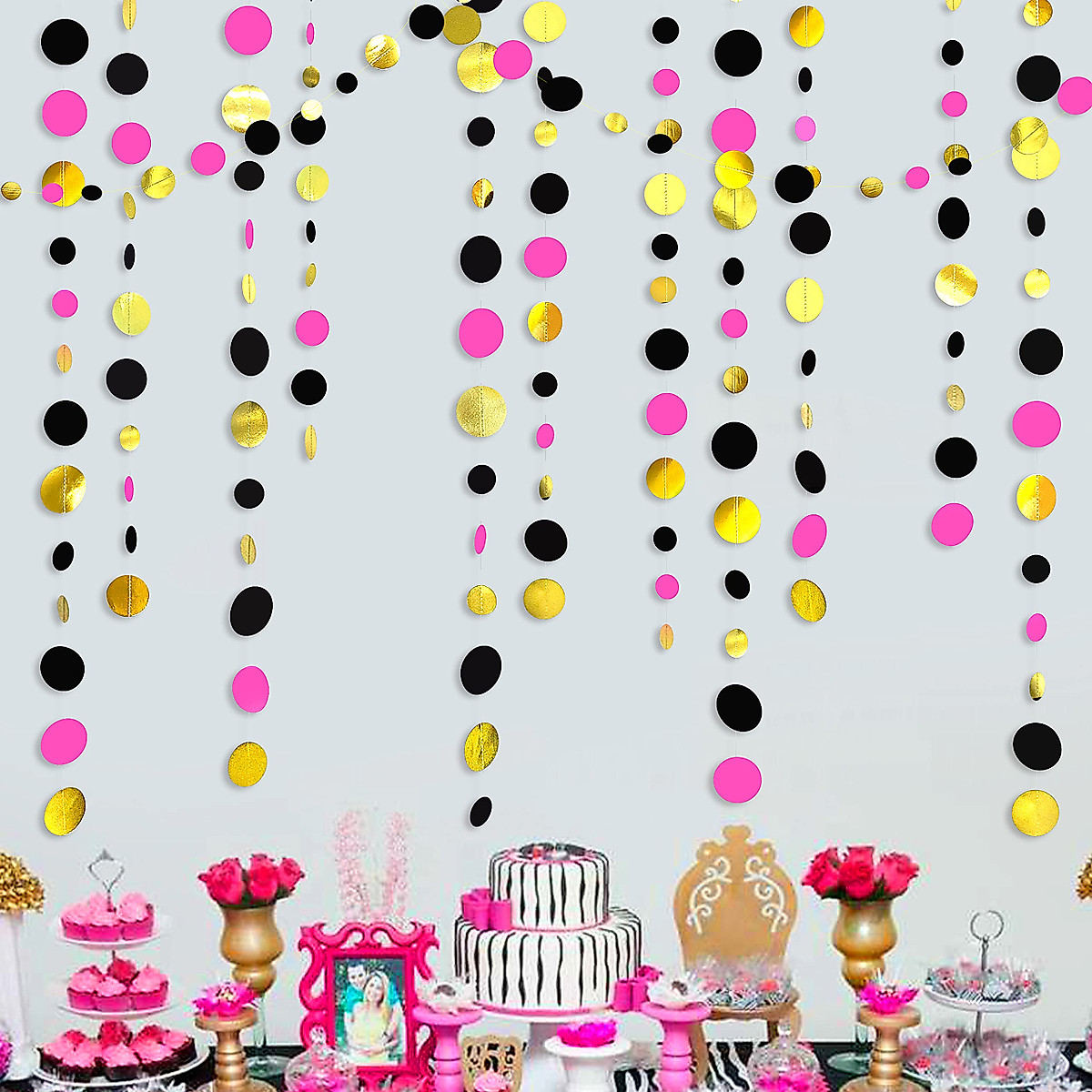 46 Ft Black Hot Pink and Gold Circle Dots Garland Hanging Paper Polka Dots Streamer for Birthday Bachelorette Engagement Wedding Baby Bridal Shower Anniversary Minnie Theme Party Decorations Supplies