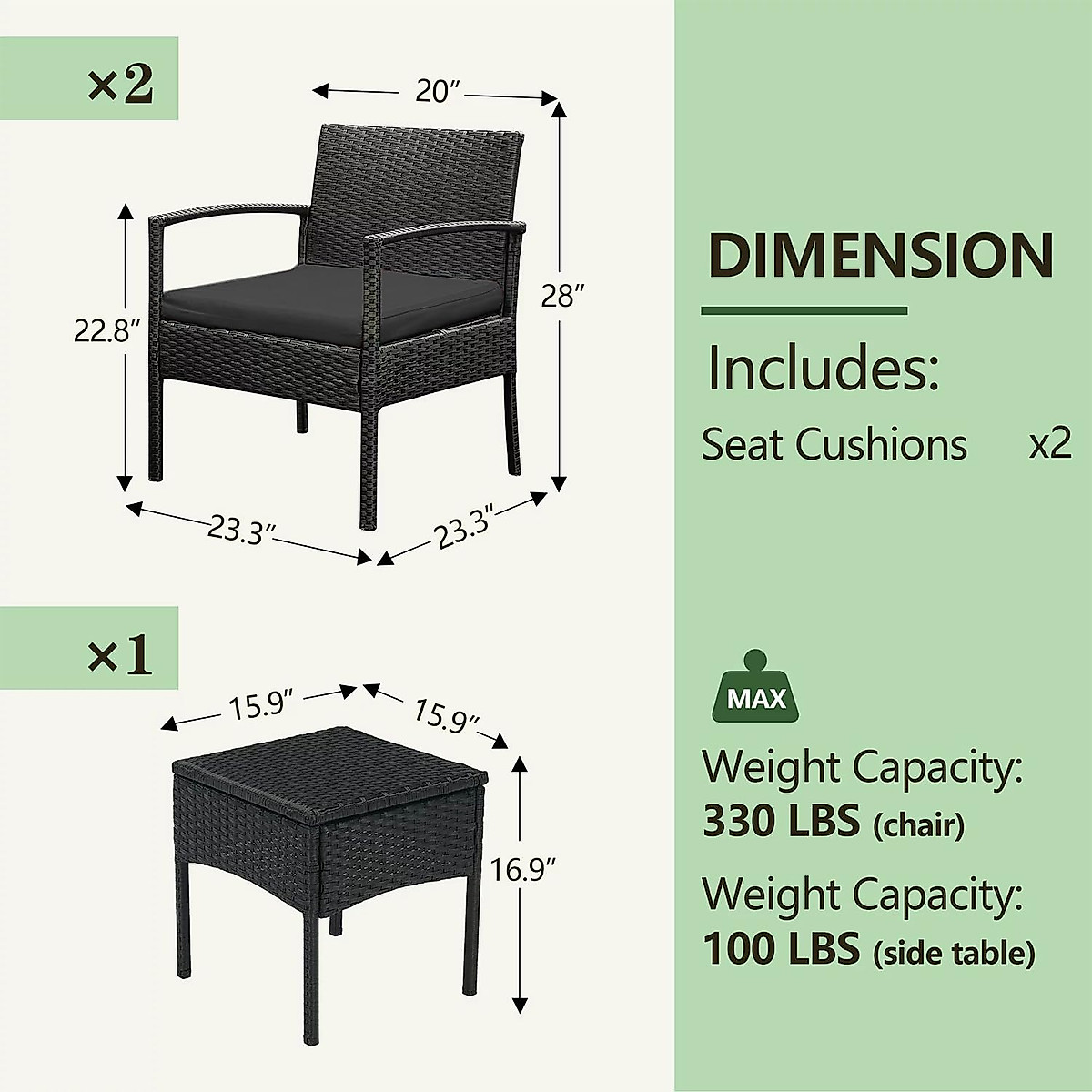 PROHIKER 3 PCS Patio Rattan Conversation Chairs Set, Outdoor Patio Furniture Balcony Furniture Set, Wicker Patio Set for Garden Porch Balcony Yard, Black