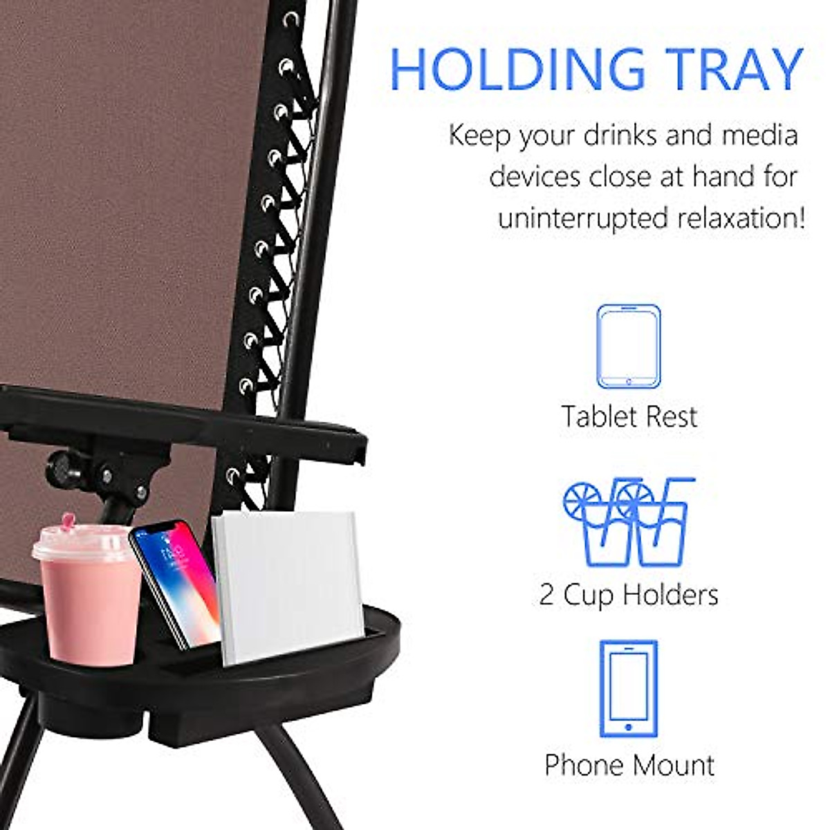 Zero Gravity Chairs Set of 2 Clearance with Sunshade Canopy and Cup Holder Tray Padded Adjustable Antigravity Lounge Folding Chair Patio Lounge Chair for Outdoor, Camping, Patio, Lawn, Brown