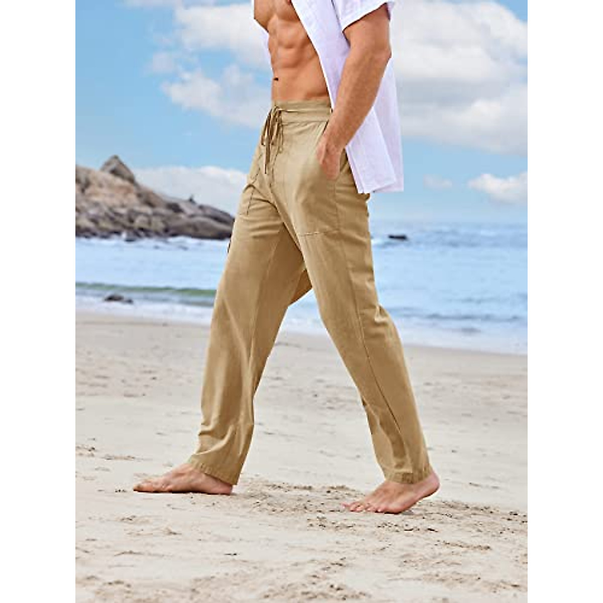 Enjoybuy Men Linen Drawstring Pants Beach Golf Elastic Waist Spring Long Casual Loose Summer Yoga Cotton Jogger Trousers 1
