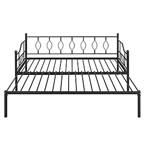 SOFTSEA Twin Size Daybed with Pop Up Trundle, Metal Daybed with Twin Size Trundle for Adults and Guests, Extendable Daybed Twin to King Size, Heavy Duty Slat Support, No Box Spring Needed (Black)