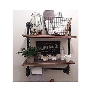 FUQI Industrial Pipe Bathroom Shelves Decor Wall Mounted 2 Tiered, Rustic Wood Wall Shelf with Towel Bar, Black Matte Towel Rack, Pipe Floating Shelves Shelving Towel Holder