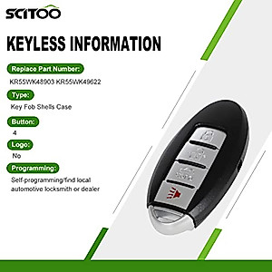 SCITOO 1pc Keyless Entry Remote Key Fob SHELL CASE Replacement for Infiniti G25 G37 Q40 FX35 for Nissan Altima Maxima Murano FCC KR55WK48903 KR55WK49622 4 Buttons Uncut Car Key