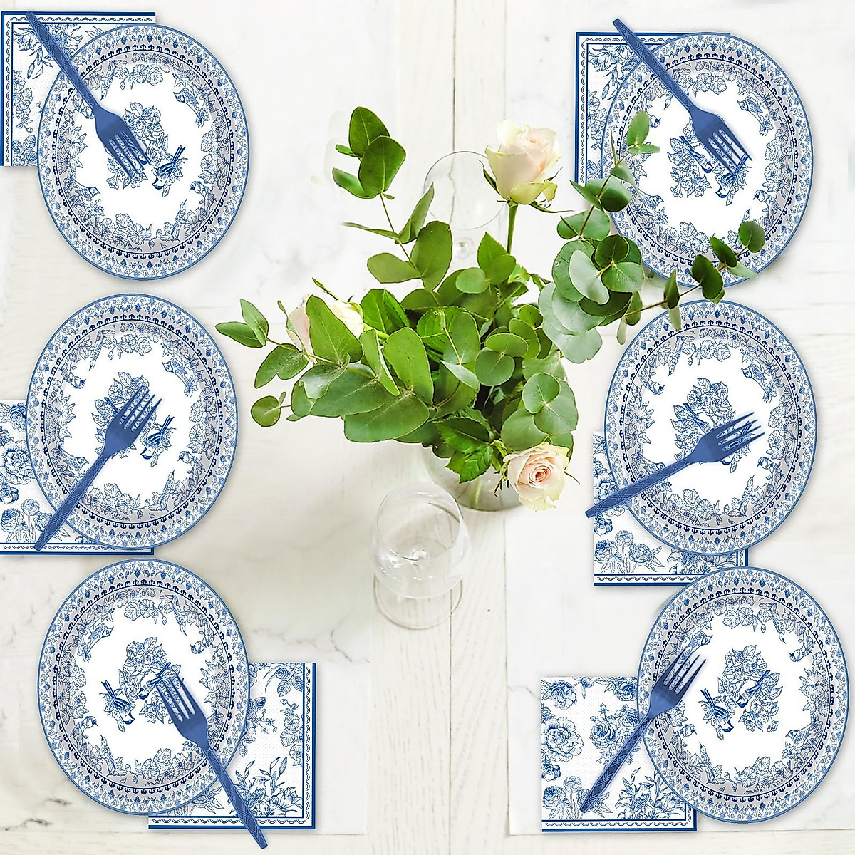 50 PCS Blue Floral Oval Paper Plates Blue & White Floral Party Tableware Set Blue and White Flowers Disposable Party Supplies Bridal Birthday Baby Shower Tea Dinnerware Plates Napkins Forks Serve 50