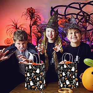 MEHOFOND 16 Pcs Halloween Paper Gifts Bags with Handles, Black Halloween Treat Bags, Skull Ghost Pumpkin Goodie Present Bags for Kids, Trick or Treat Candy Bags for Holiday, Halloween Party Supplies