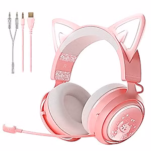 SOMIC GS510 Gaming Headset, Cat Ear Headset PC Gaming Headphones with Retractable Mic Noise Cancelling, Stereo Sound, DIY Face Covers for PC, PS4, PS5, Xbox One (Only White LED Light)