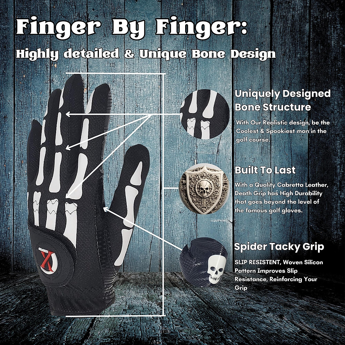 XEIRPRO Skeleton Death Grip Golf Gloves for Men – Funny Golf Gloves for Men – Cool & Tacky Golf Glove 2 Pack – Perfect for Summer & Fall Golfing (Black, XX-Large, Right)