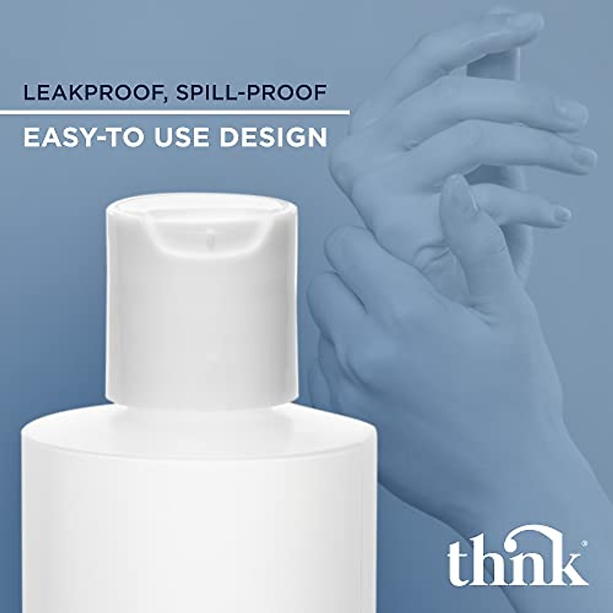 THNK, Plastic Bottle Squeeze Containers with Disc Top, Reusable, Refillable, Perfect for Hand Sanitizers, Lotions, Shampoo, Conditioner, and On-The-Go Liquids (5-Pack, 8-oz)